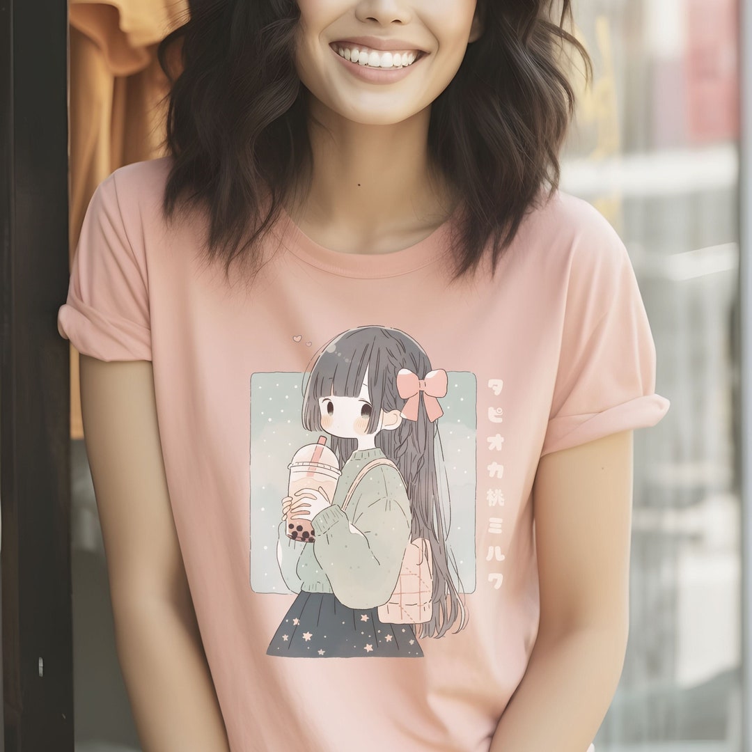Peach Boba Tea Anime Girl T-shirt, Kawaii Bubble Milk Tea Shirt, Cute ...