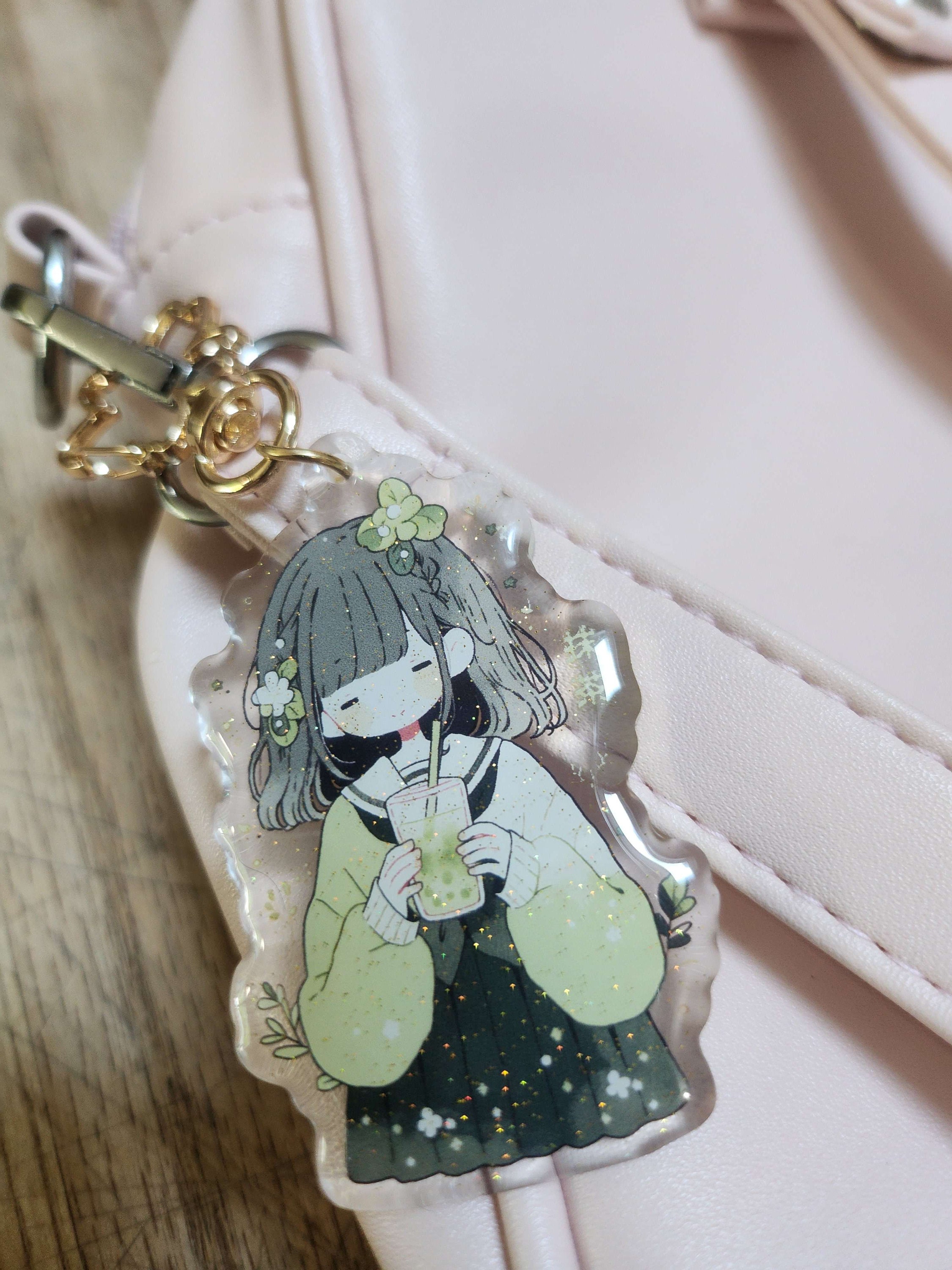 Matcha Green Tea Key Chain, Cherry Blossom Clip, 2.5 Glitter Charm ...