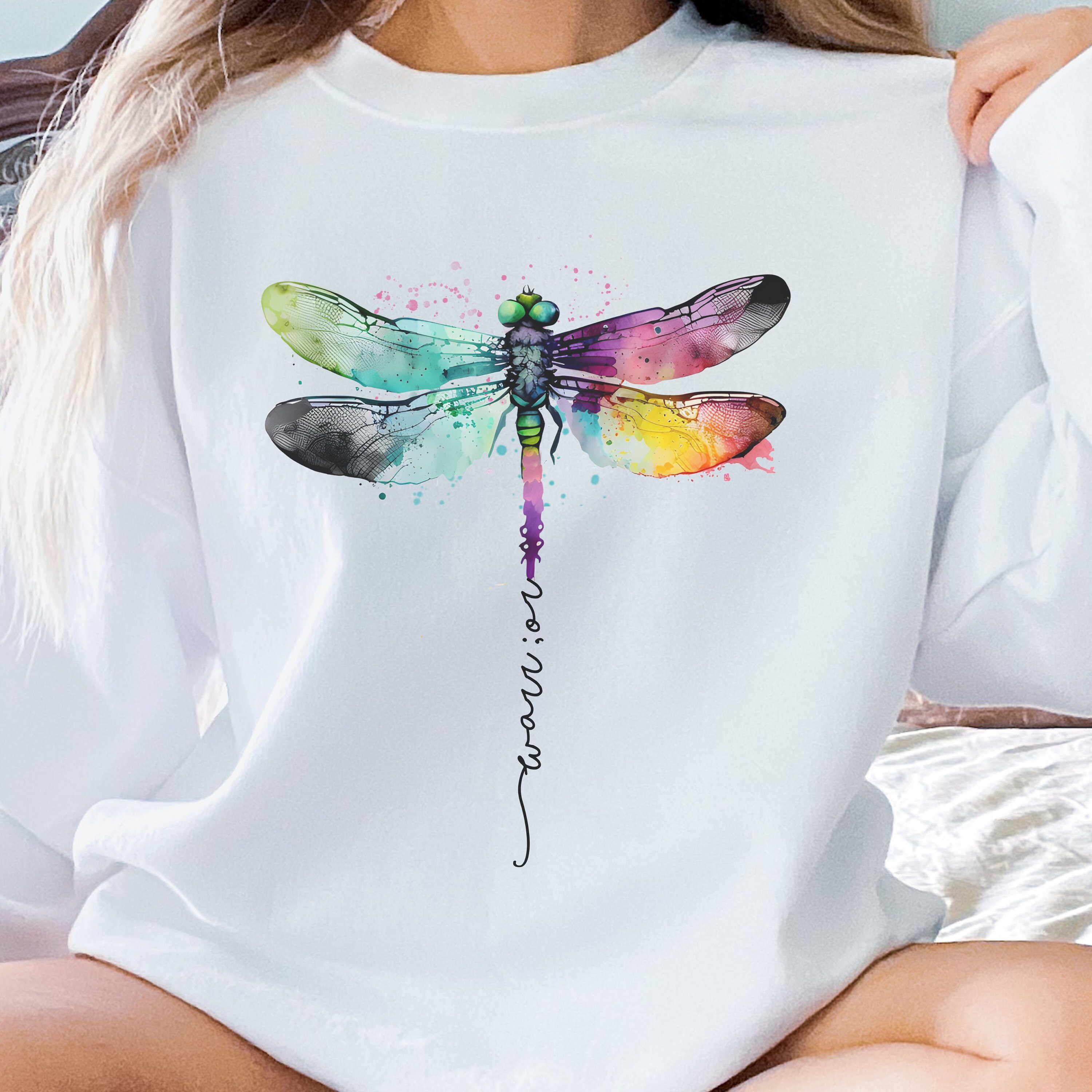Warrior Dragonfly Sweatshirt, Watercolor Rainbow Dragon Fly Wings ...