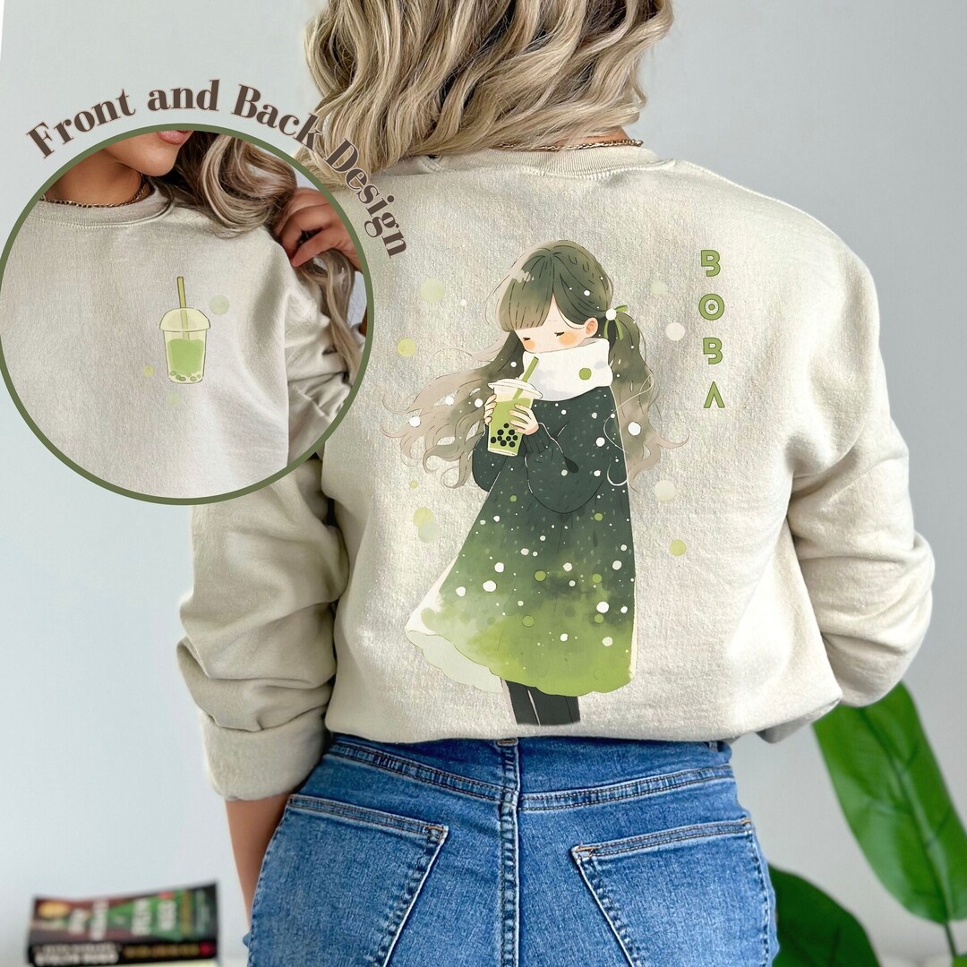 Matcha Boba Tea Anime Girl Sweatshirt, Cute Bubble Milk Tea Cozy ...