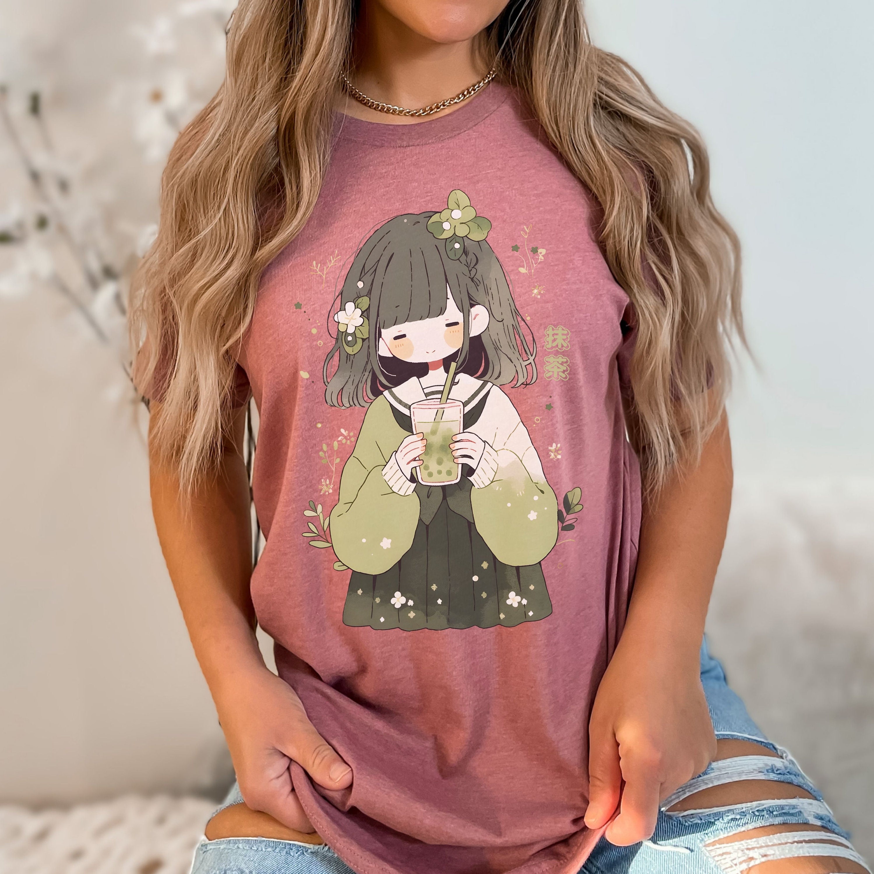 Matcha Green Tea Boba T-shirt, Kawaii Bubble Milk Tea Anime Girl Shirt ...