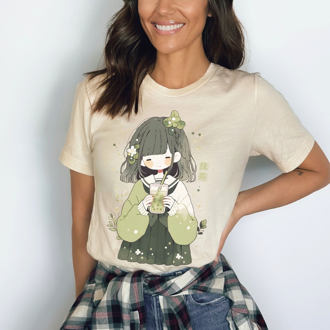 Matcha Green Tea Boba T-shirt, Kawaii Bubble Milk Tea Anime Girl Shirt ...