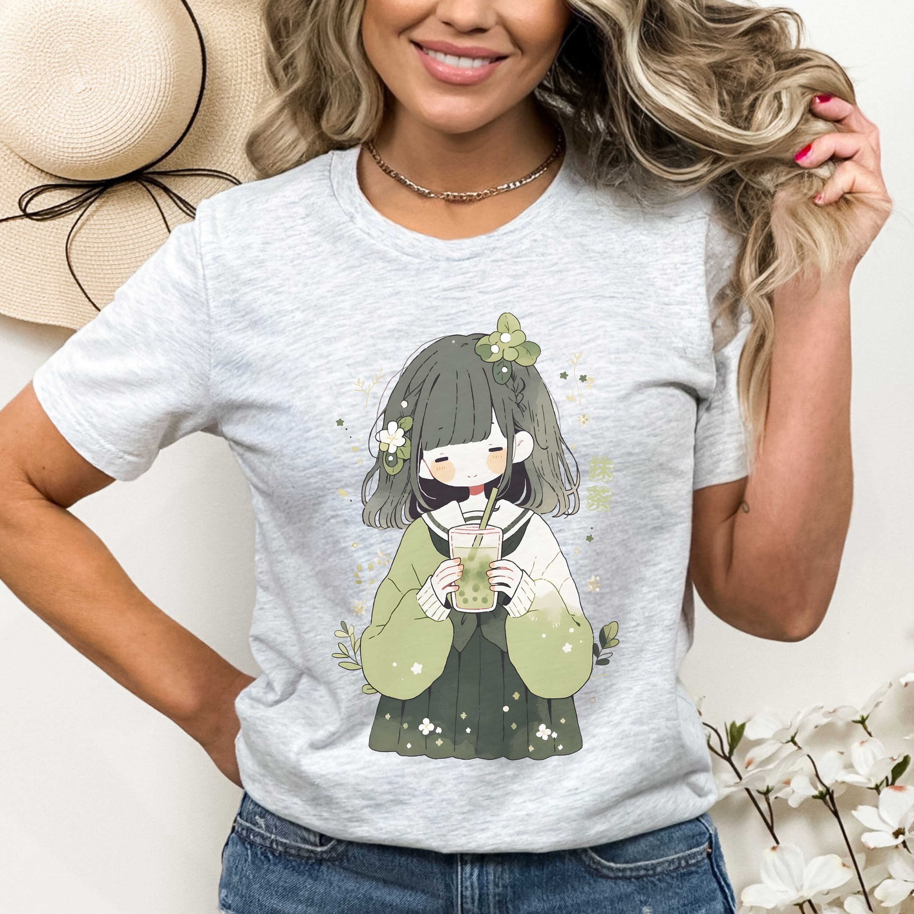 Matcha Green Tea Boba T-shirt, Kawaii Bubble Milk Tea Anime Girl Shirt ...