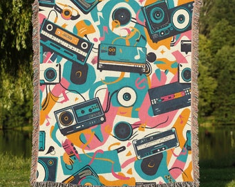 80's Retro Dark Cassette Woven Throw Blanket Cozy Retro Music Design ...