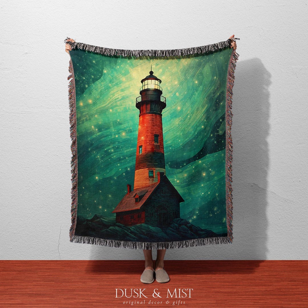 Northern Lights Lighthouse Throw Blanket | Celestial Ocean Woven ...