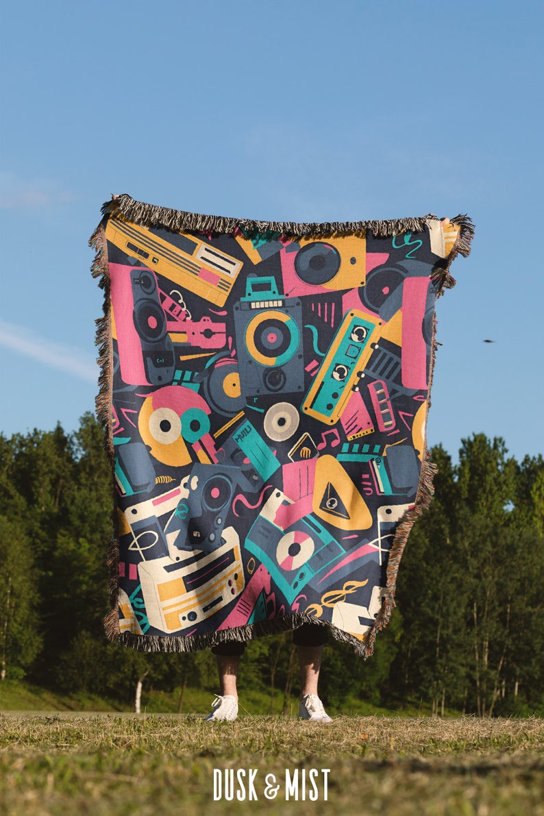 80's Retro Dark Cassette Woven Throw Blanket Cozy Retro Music Design ...