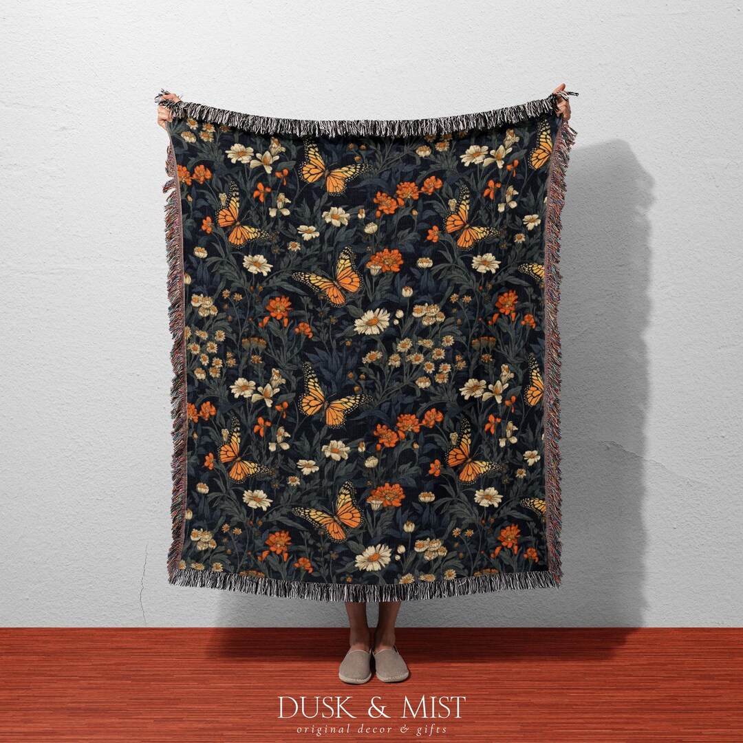 Monarch Butterfly Woven Cotton Throw Blanket – Floral Cottagecore Decor ...
