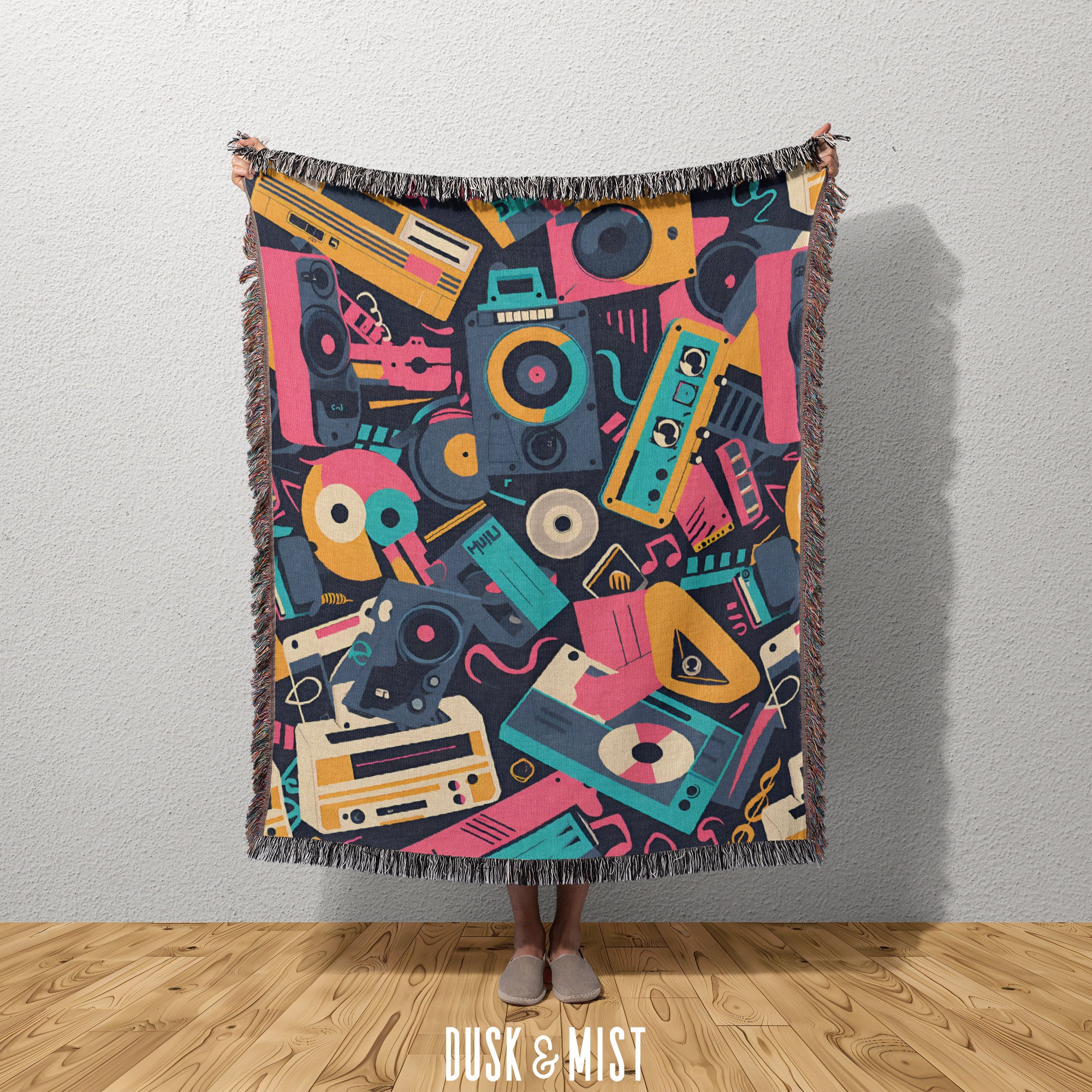 80's Retro Dark Cassette Woven Throw Blanket Cozy Retro Music Design ...