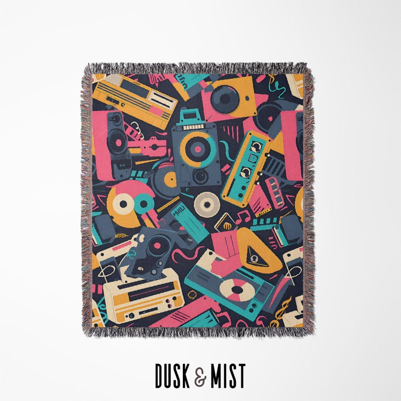 80's Retro Dark Cassette Woven Throw Blanket Cozy Retro Music Design ...