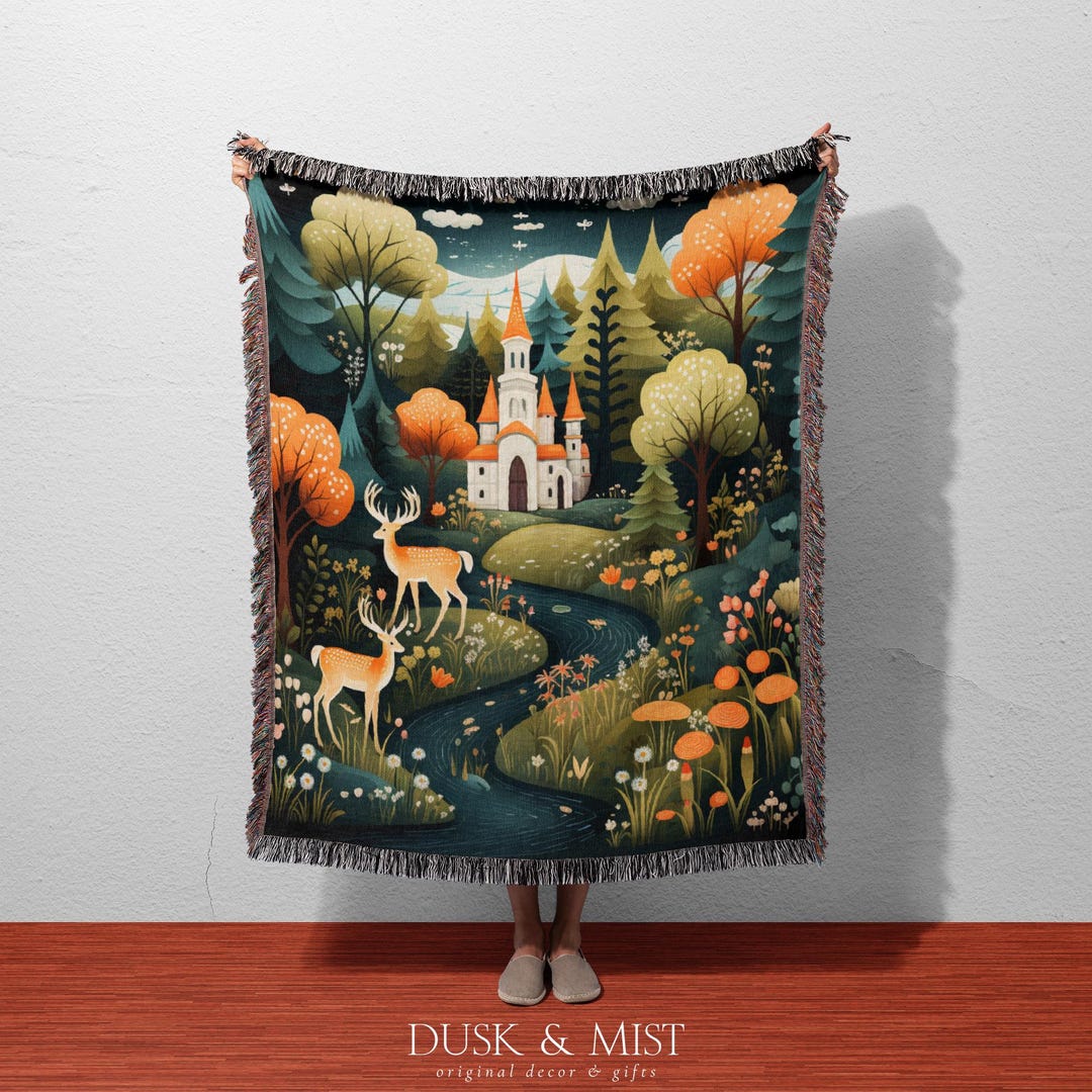 Deer Castle Cotton Woven Blanket – Forest Tapestry Art - Etsy