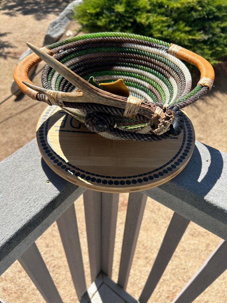 Lariat Rope Basket,oval W/handles, Antler and Leather Flower. Multi ...