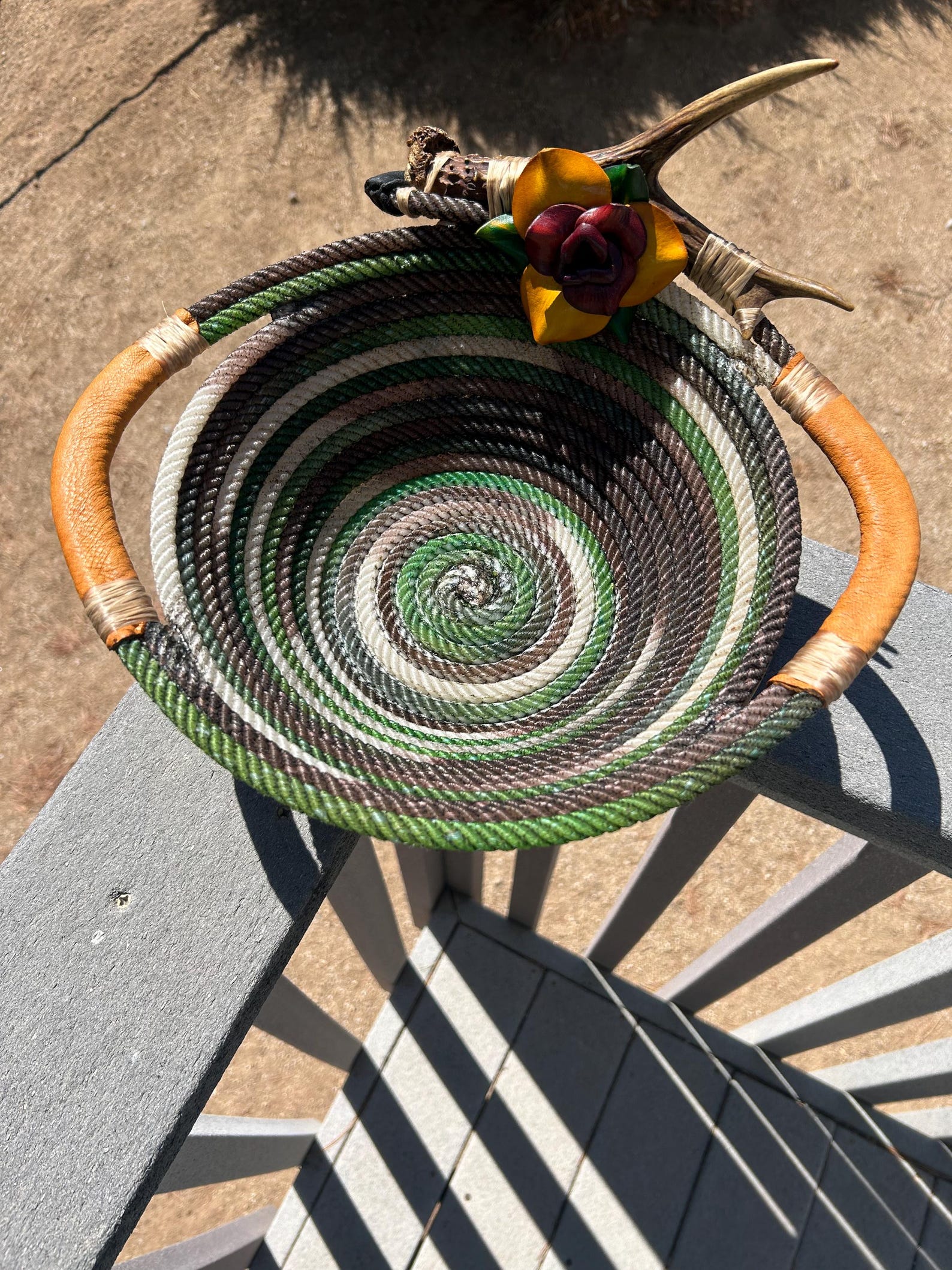 Lariat Rope Basket,oval W/handles, Antler and Leather Flower. Multi ...
