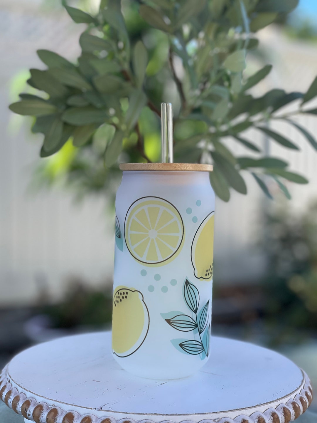 Lemon Frosted Glass Can, Bamboo Lid, Glass Straw - Etsy