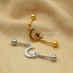14G 38mm Long Crescent Moon Chain Link Gold Silver Industrial Barbell Scaffold Construction 316L ...