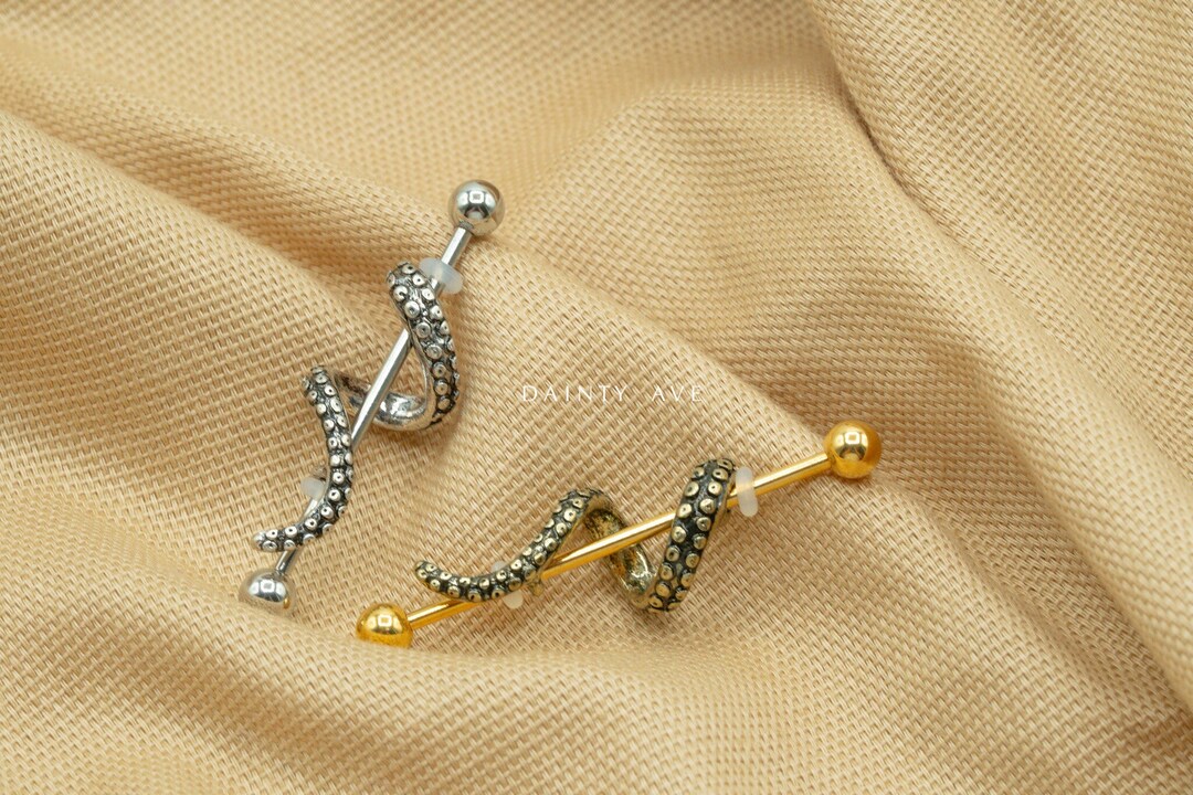 14G 38mm Long Kraken Octopus Tentacle Gold Silver Industrial Barbell Scaffold Construction 316L ...