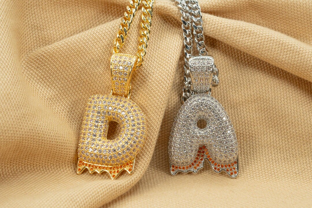 Diamond Bubble Letter Pendant Necklace 24 KT Gold Filled and Silver CZ ...