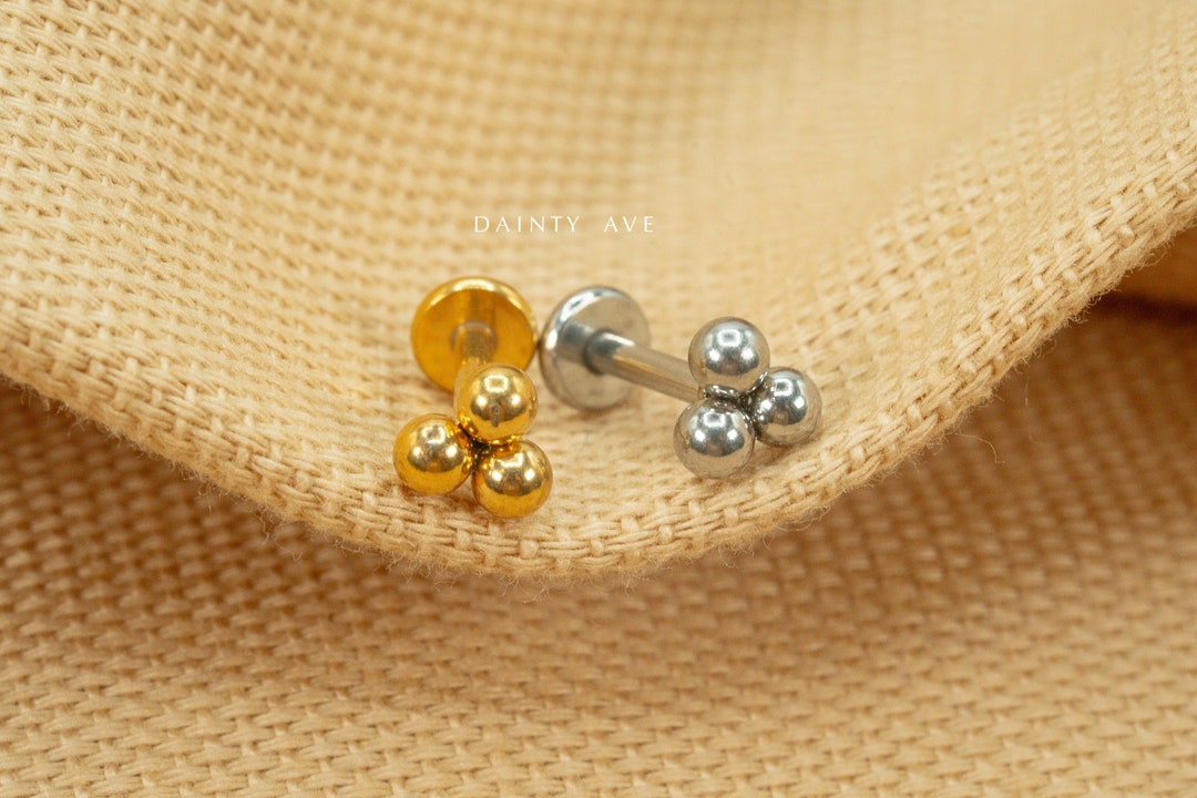 16G Triple Beaded Balls Flat Back Labret Threaded Cartilage Earring ...