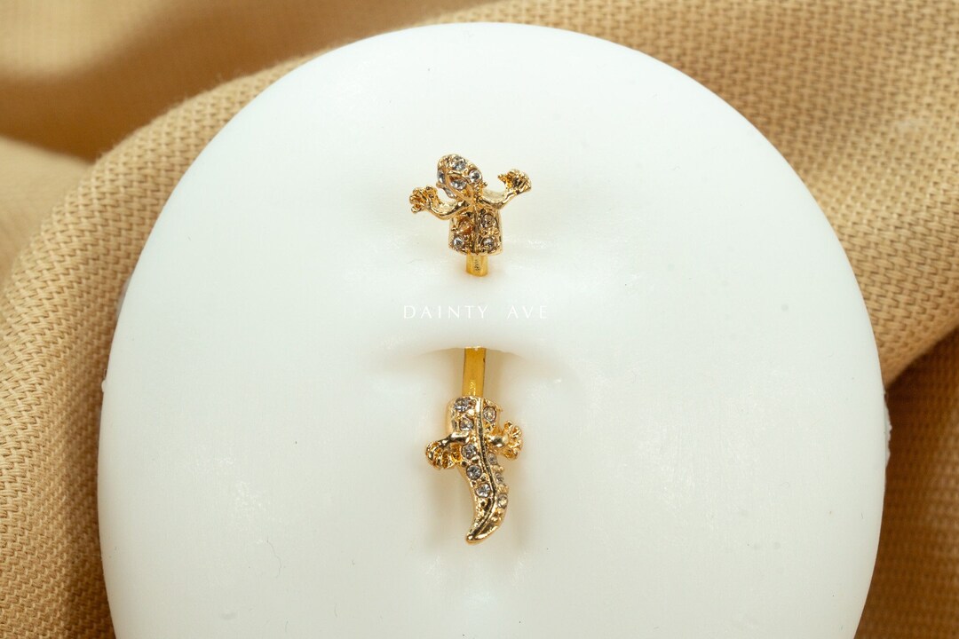 14G Gold Gecko Lizard Belly Button Ring Navel Jewelry Curved Barbell ...