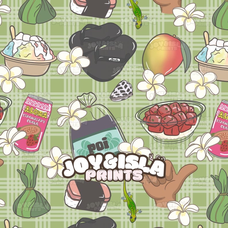 Hawaii Local Kine Tingz Palaka Seamless Pattern | Plumeria Shave Ice ...