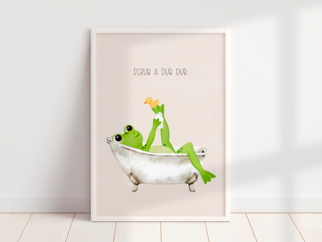 PRINTED & SHIPPED Frog in the Bathtub W/ Ducky, Cute Bathroom Wall Art ...