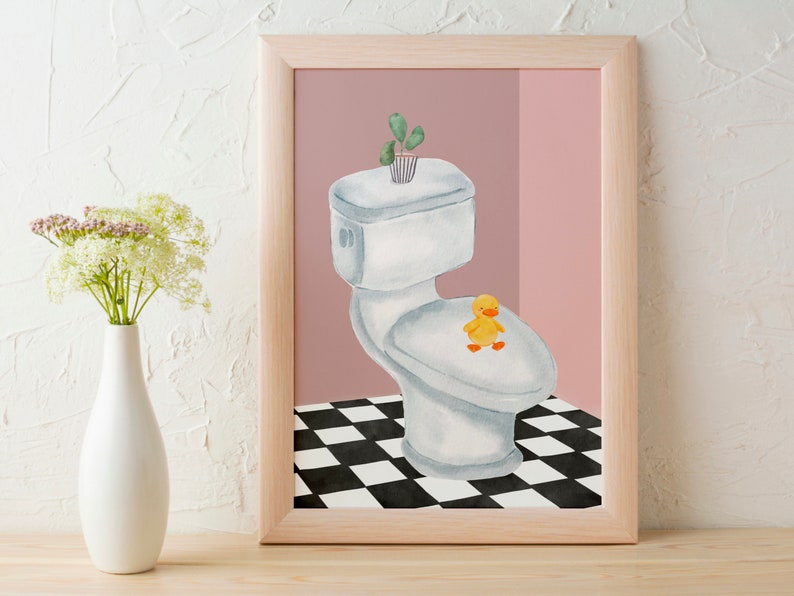 Downloadable Ducky on the Potty Wall Art Blush Pink, Cute Bathroom Wall ...