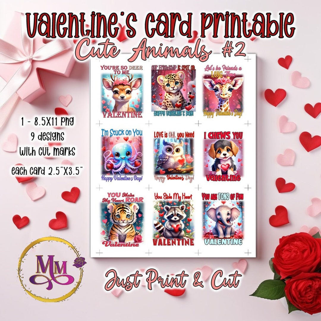 Cute Animal Valentine's Day Cards - Printable Kids Valentines (digital ...