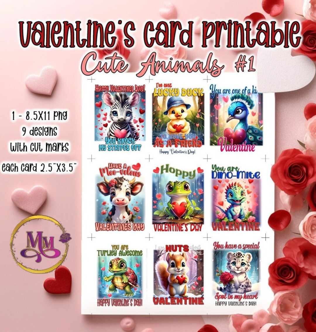 Cute Animal Valentine's Day Cards - Set of 9 (digital Download) - Etsy