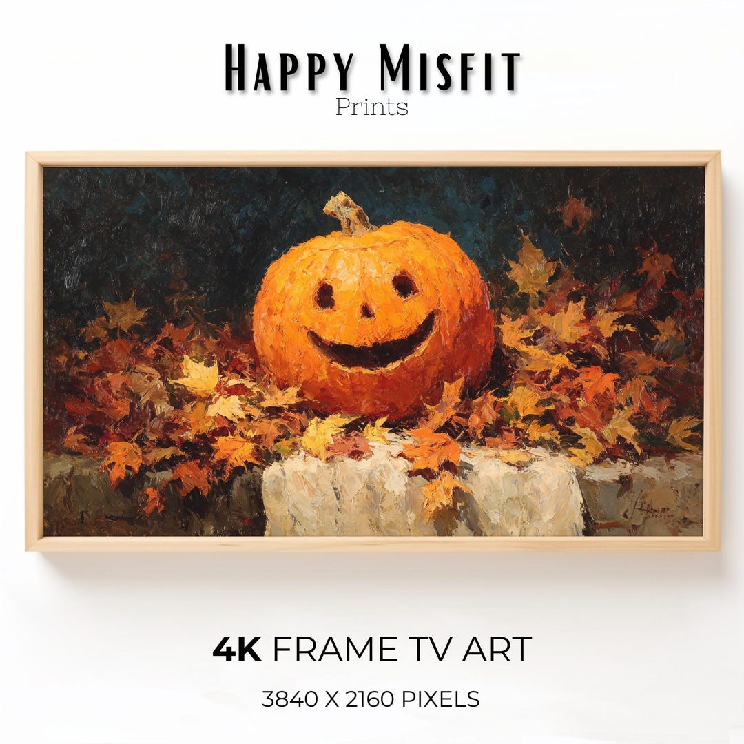 Fall Pumpkin TV Art: Smiling Jack O' Lantern, Autumn Leaves (digital ...
