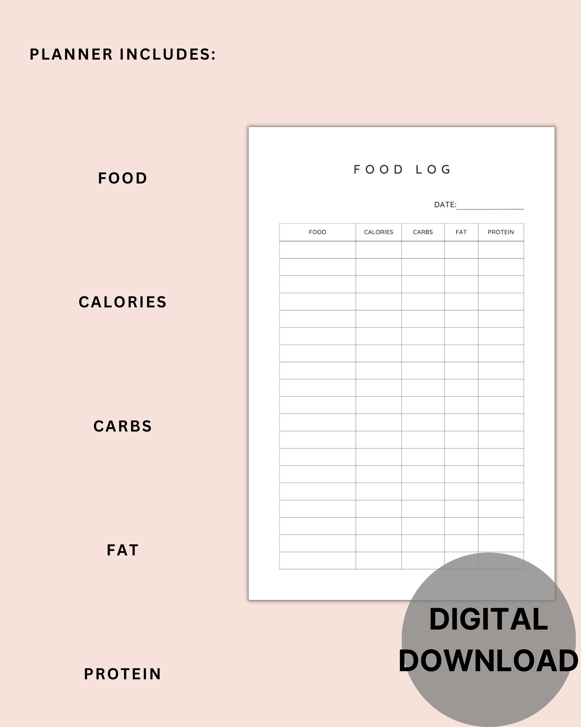 Digital Printable Food Log Single-page Tracker for Detailed Meal ...