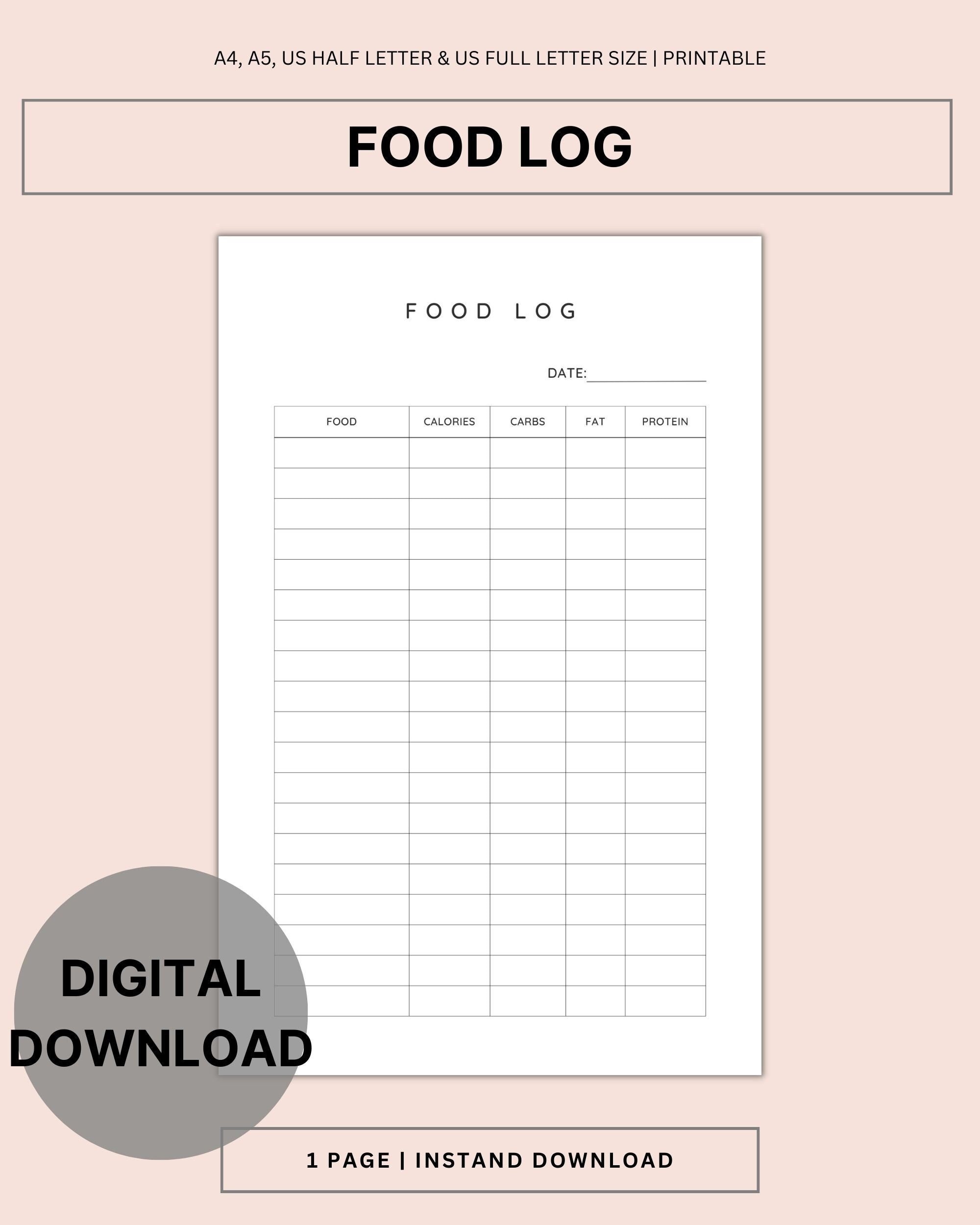 Digital Printable Food Log Single-page Tracker for Detailed Meal ...