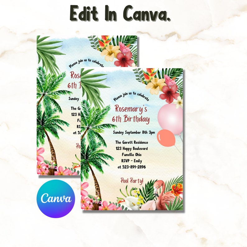 Editable & Printable Birthday Invite, Tropical Vivid Design, Hawaiian ...