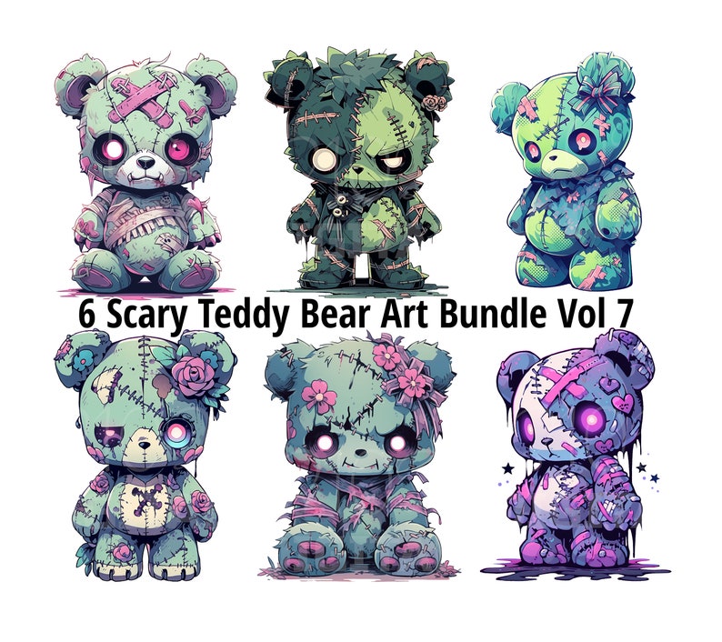 Scary Teddy Bear Bundle Vol 7, 6 PNG Zombie Spooky Teddybear Monster ...