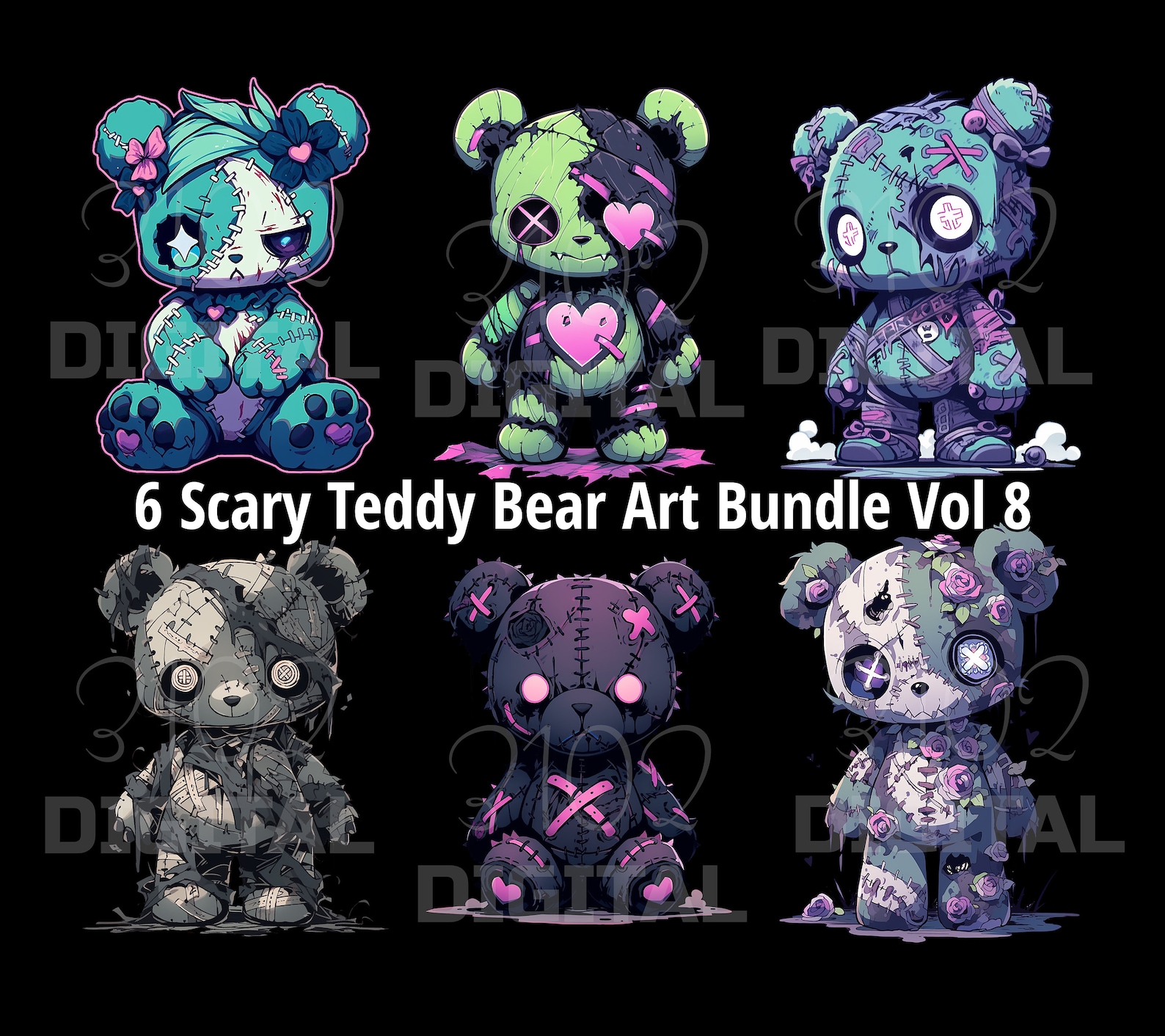 Scary Teddy Bear Bundle Vol 8, 6 PNG Zombie Spooky Teddybear Monster ...