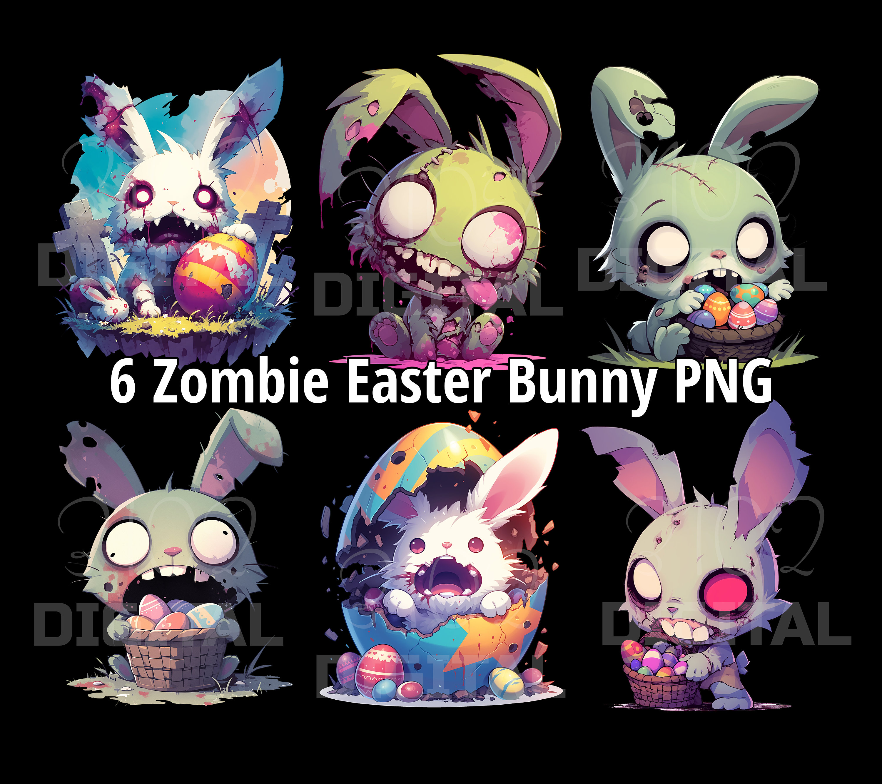 Zombie Easter Bunny Clipart Bundle of 6 Cute Scary Bunnies Easter Art ...