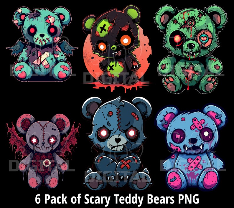Scary Teddy Bear Bundle Vol 1, 6 PNG Zombie Spooky Teddybear Monster ...