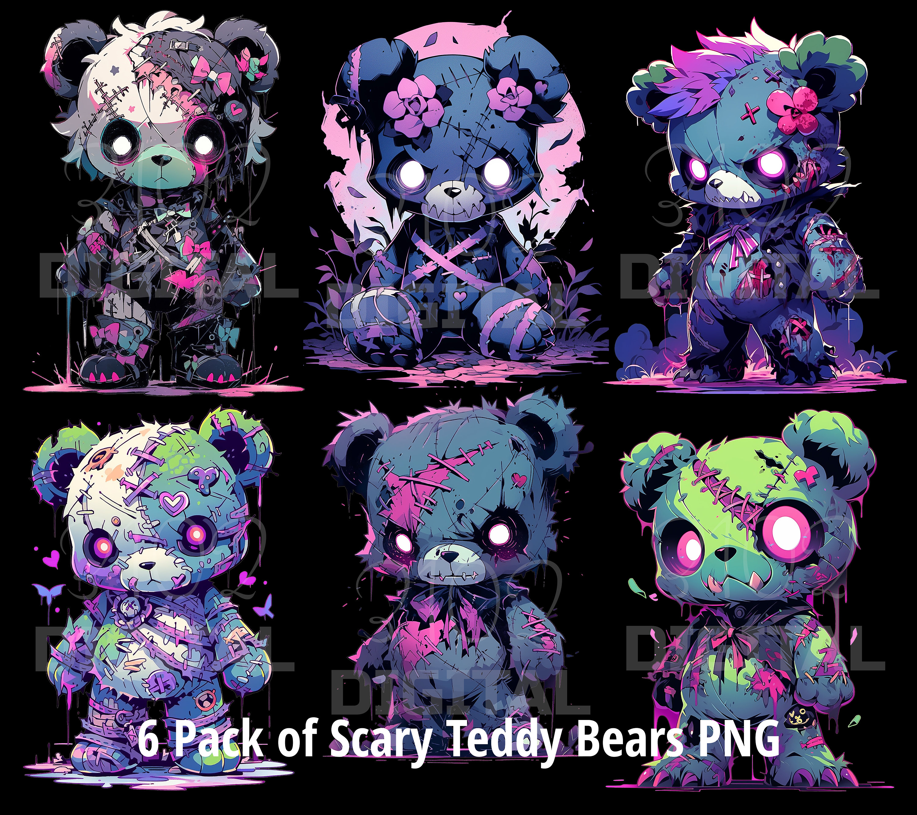 Scary Teddy Bears Mega Bundle Vol 1, 24 PNG Spooky Zombie Teddybear ...