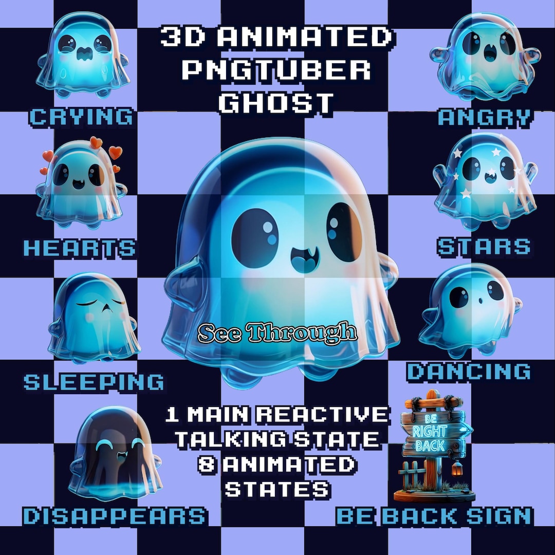 Cute Animated Pngtuber Ghost Avatar W/ 1 Reactive Talking State & 8 ...