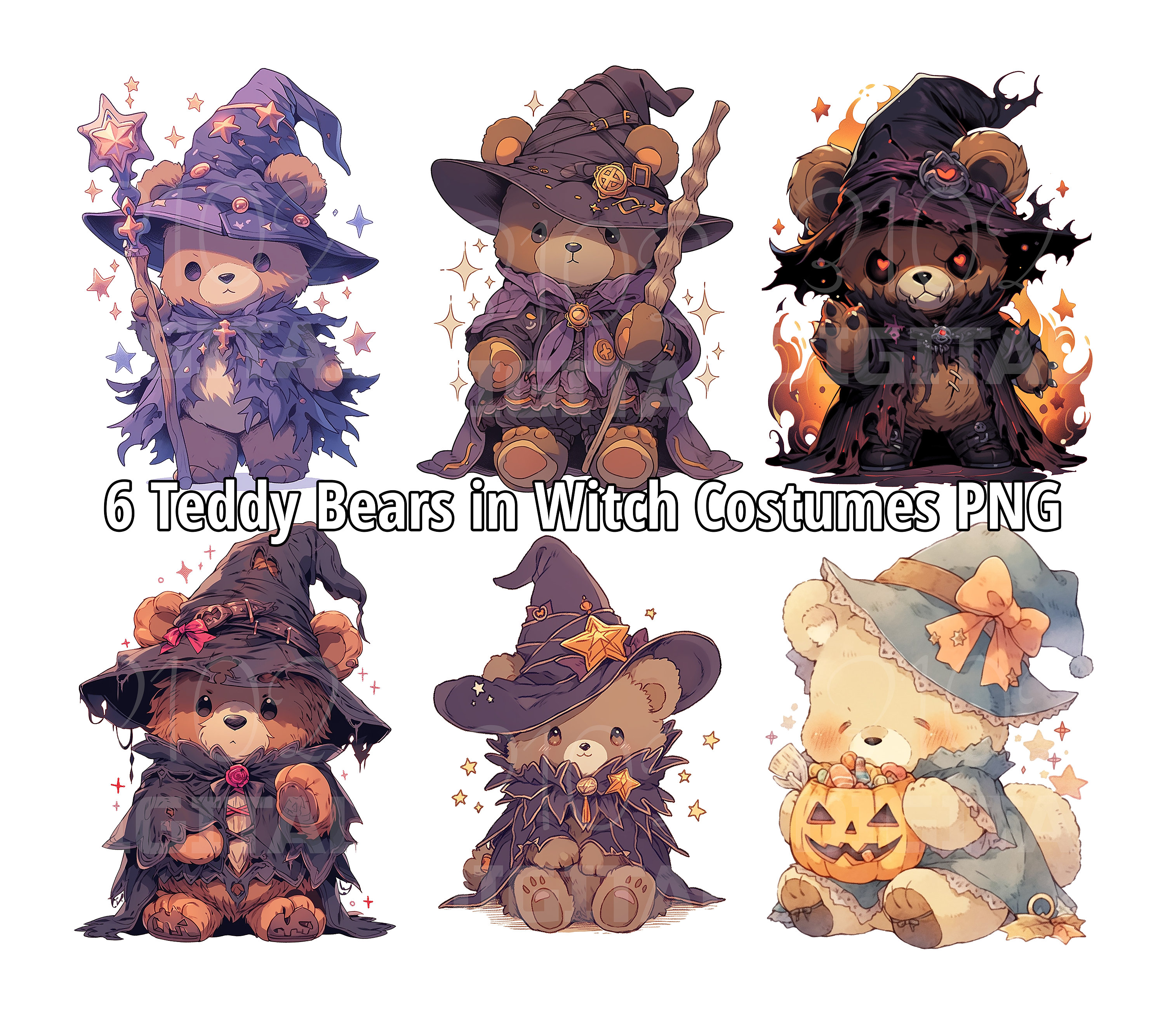 Bundle of 6 Teddy Bears Wearing Witch Costumes for Halloween Spooky ...