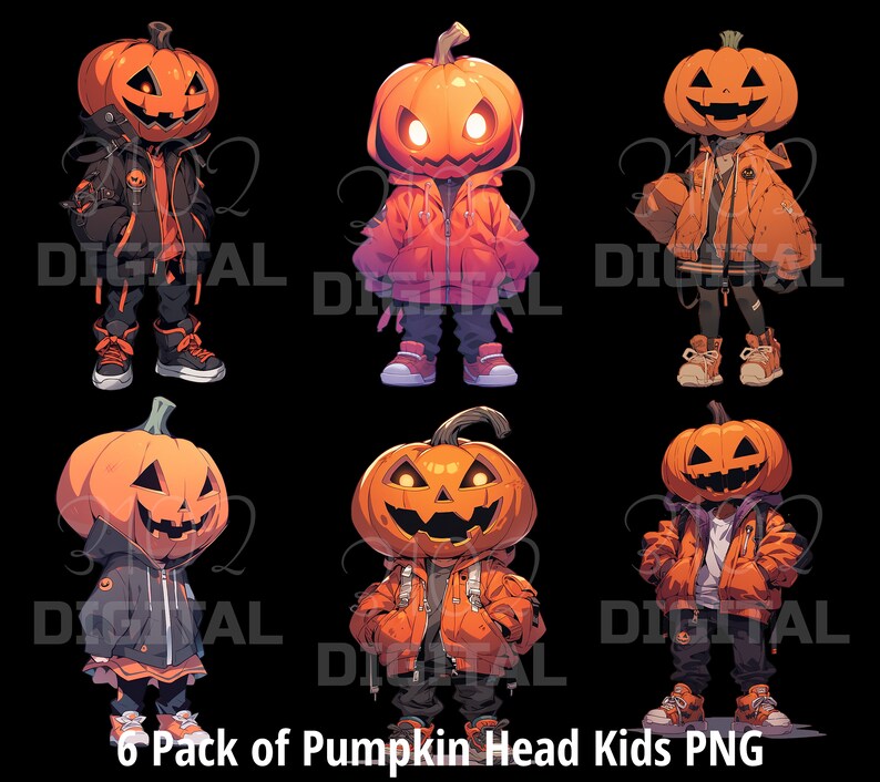 Bundle of 6 Pumpkin Head Kids PNG Download Pack Clipart of Jack-o ...