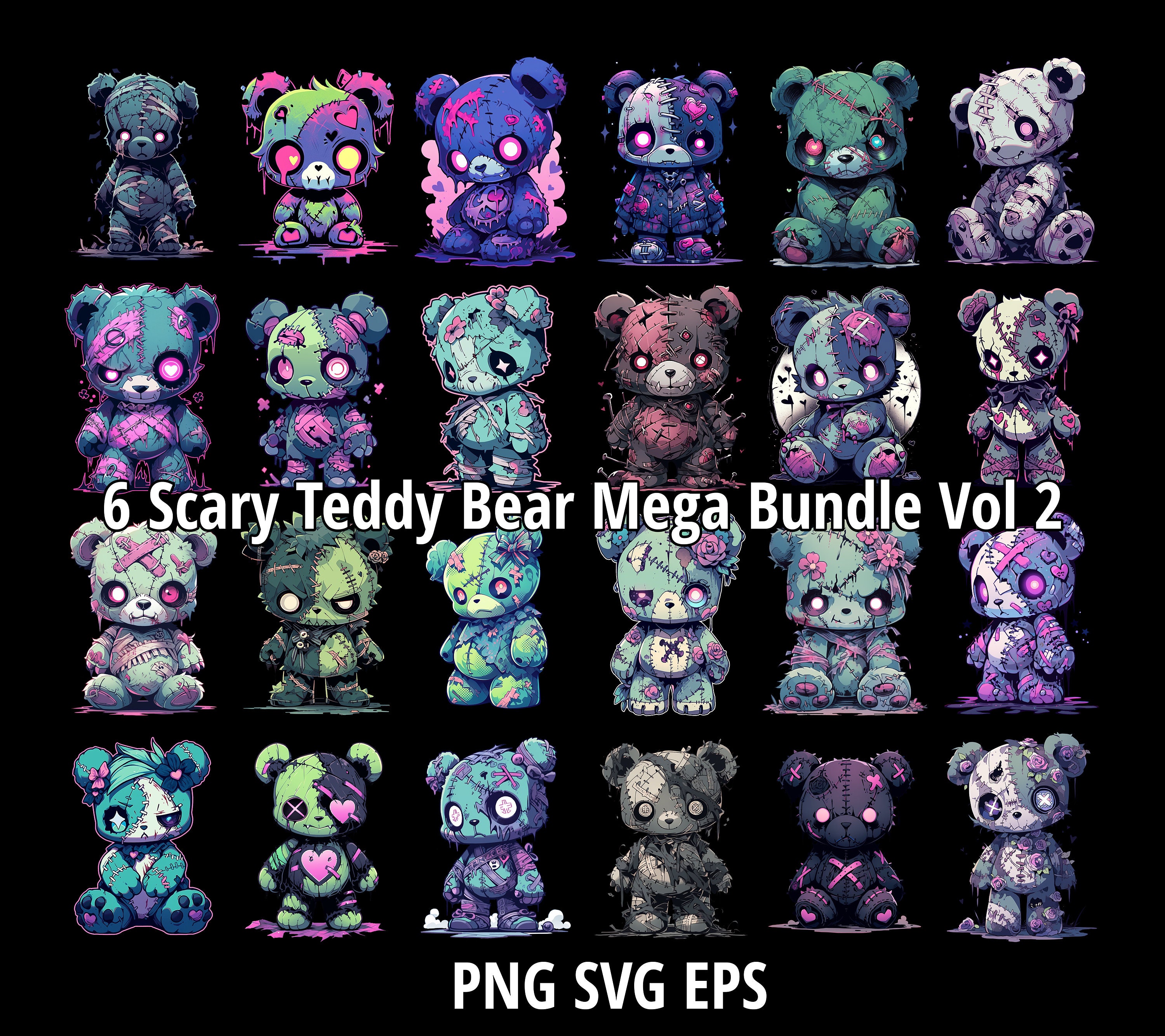 Scary Teddy Bears Mega Bundle Vol 2, 24 PNG Spooky Zombie Teddybear ...