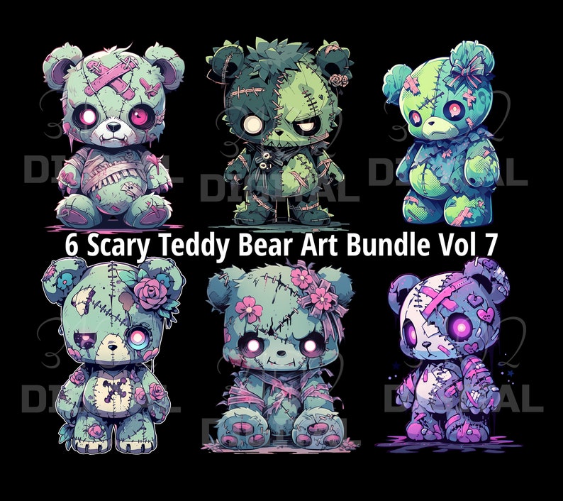 Scary Teddy Bear Bundle Vol 7, 6 PNG Zombie Spooky Teddybear Monster ...