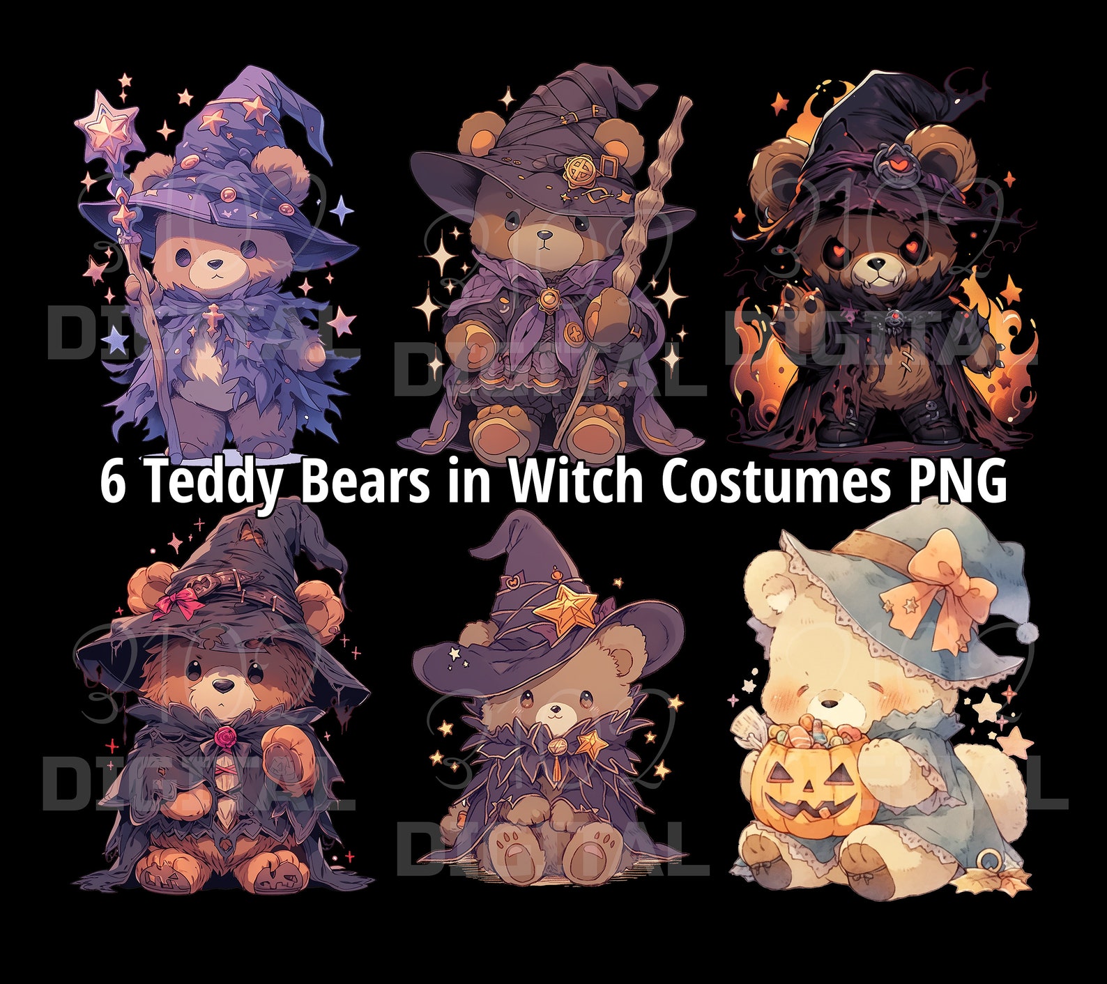 Bundle of 6 Teddy Bears Wearing Witch Costumes for Halloween Spooky ...