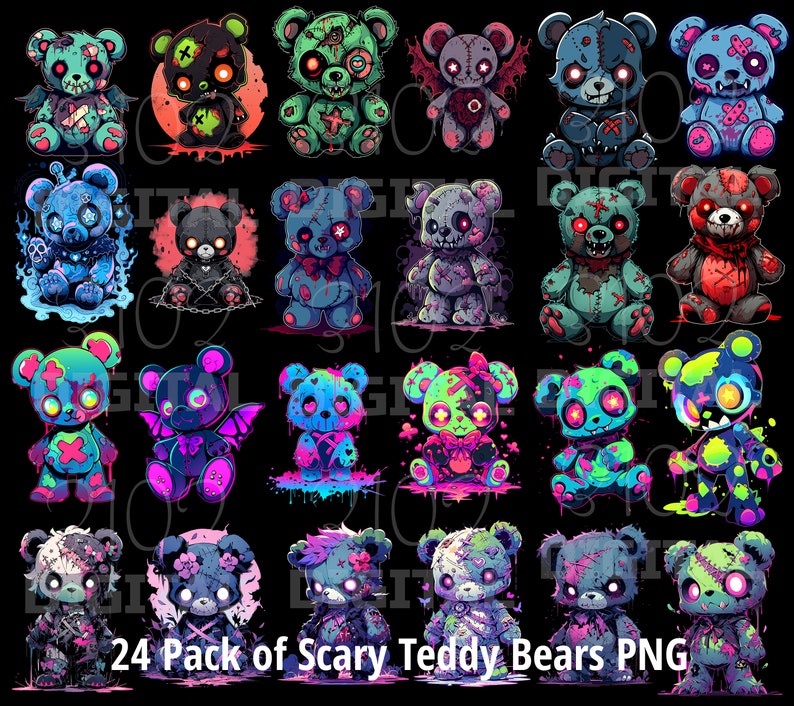 Scary Teddy Bears Mega Bundle Vol 1, 24 PNG Spooky Zombie Teddybear ...