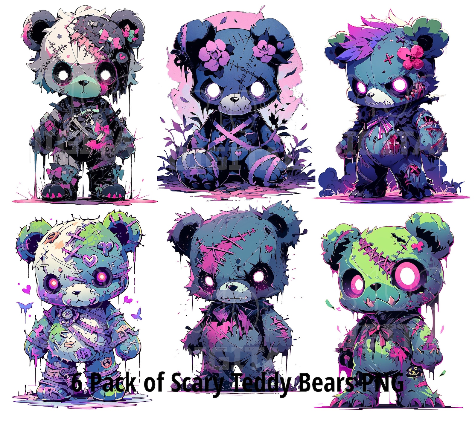 Scary Teddy Bear Bundle Vol 4, 6 PNG Zombie Spooky Teddybear Monster ...