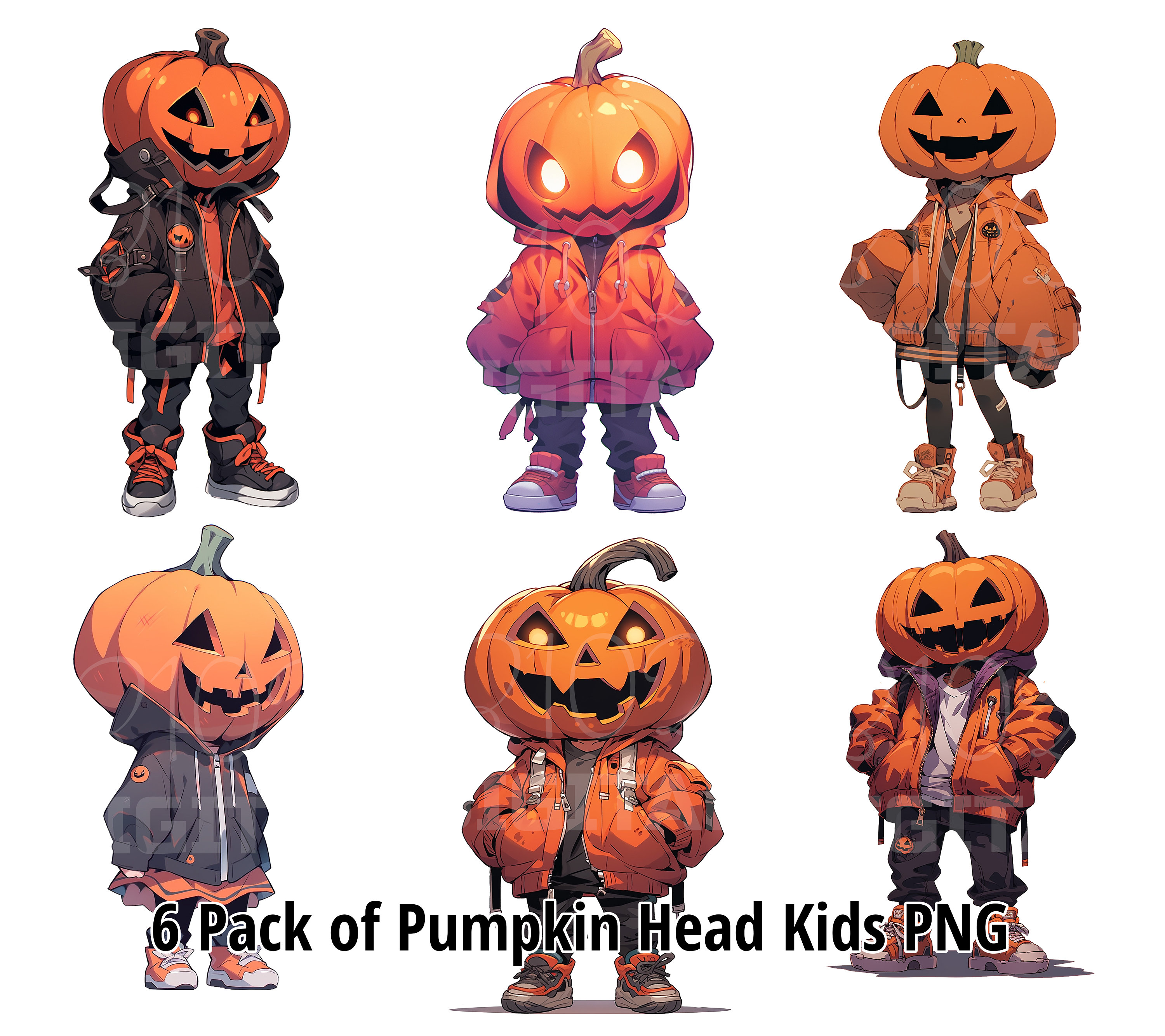 Bundle of 6 Pumpkin Head Kids PNG Download Pack Clipart of Jack-o ...