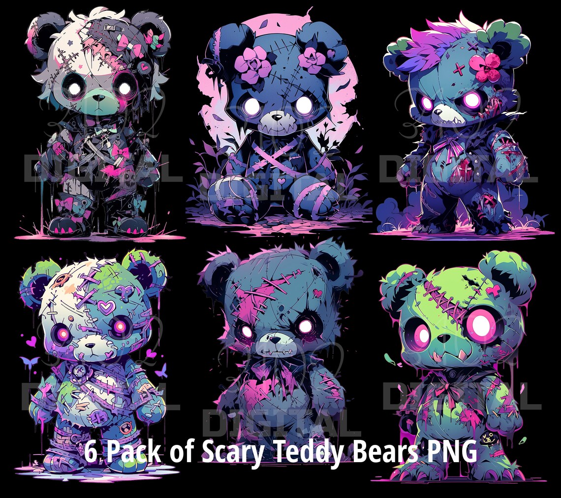 Scary Teddy Bear Bundle Vol 4, 6 PNG Zombie Spooky Teddybear Monster ...