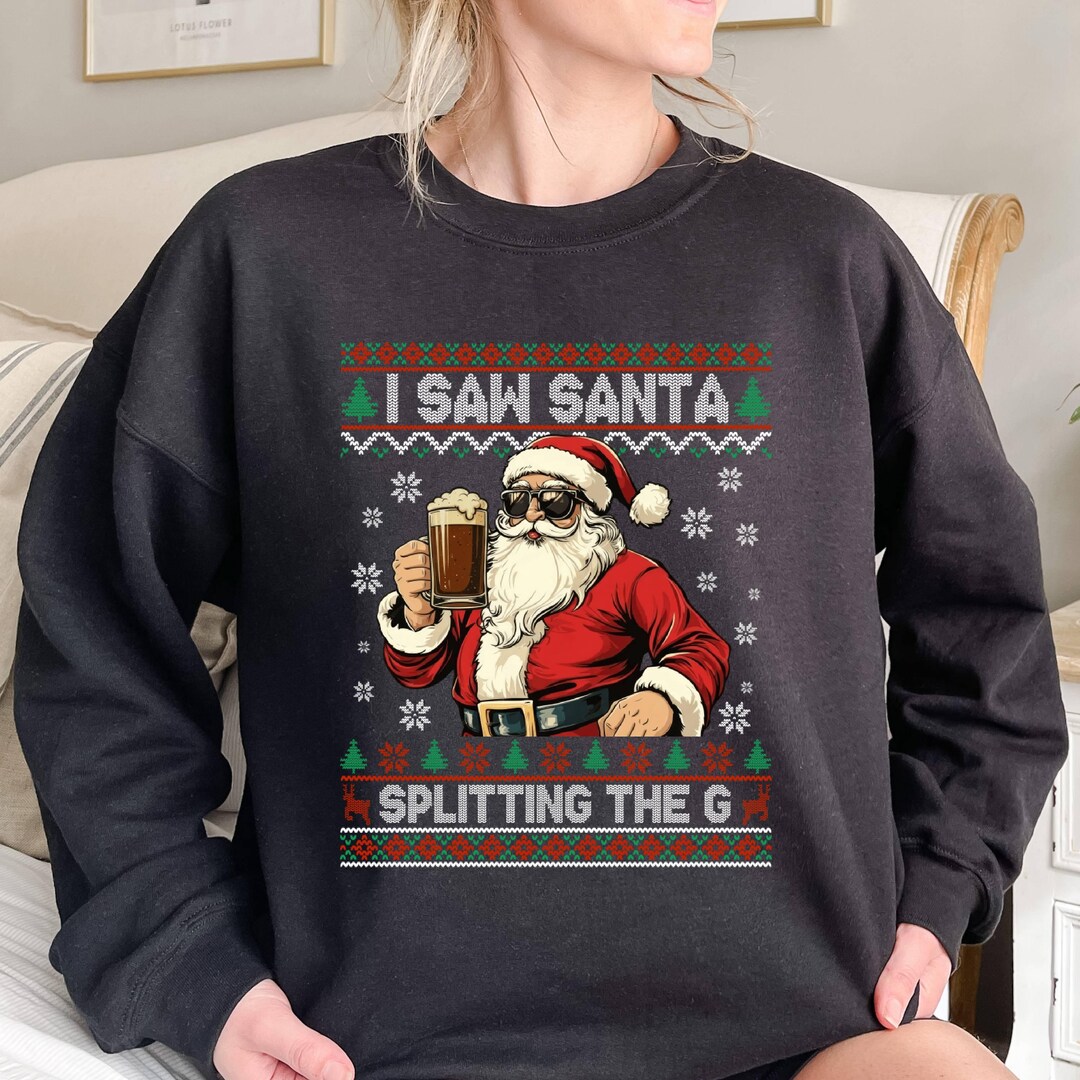 Santa Drinking Beer Splitting G Christmas Shirt, Xmas Funny Santa Claus ...