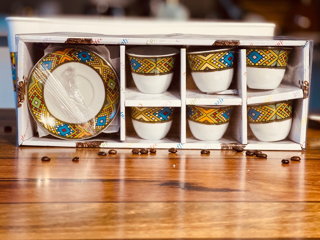 12 PCS- Ethiopian Traditional Coffee Cups- Traditional Design - 6 Caps ...