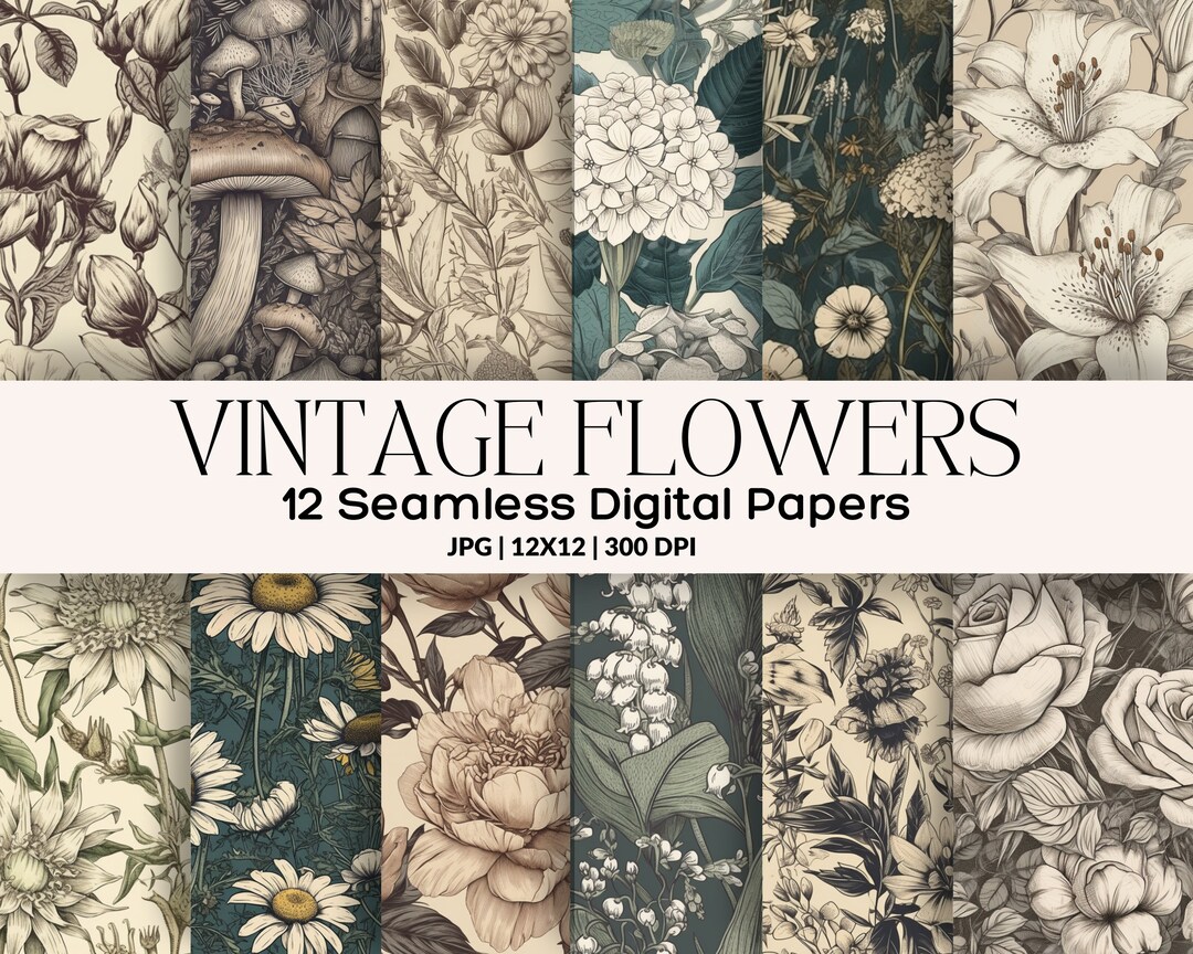 Vintage Flowers Seamless Pattern Illustrated Botanicals, Muted Colors ...