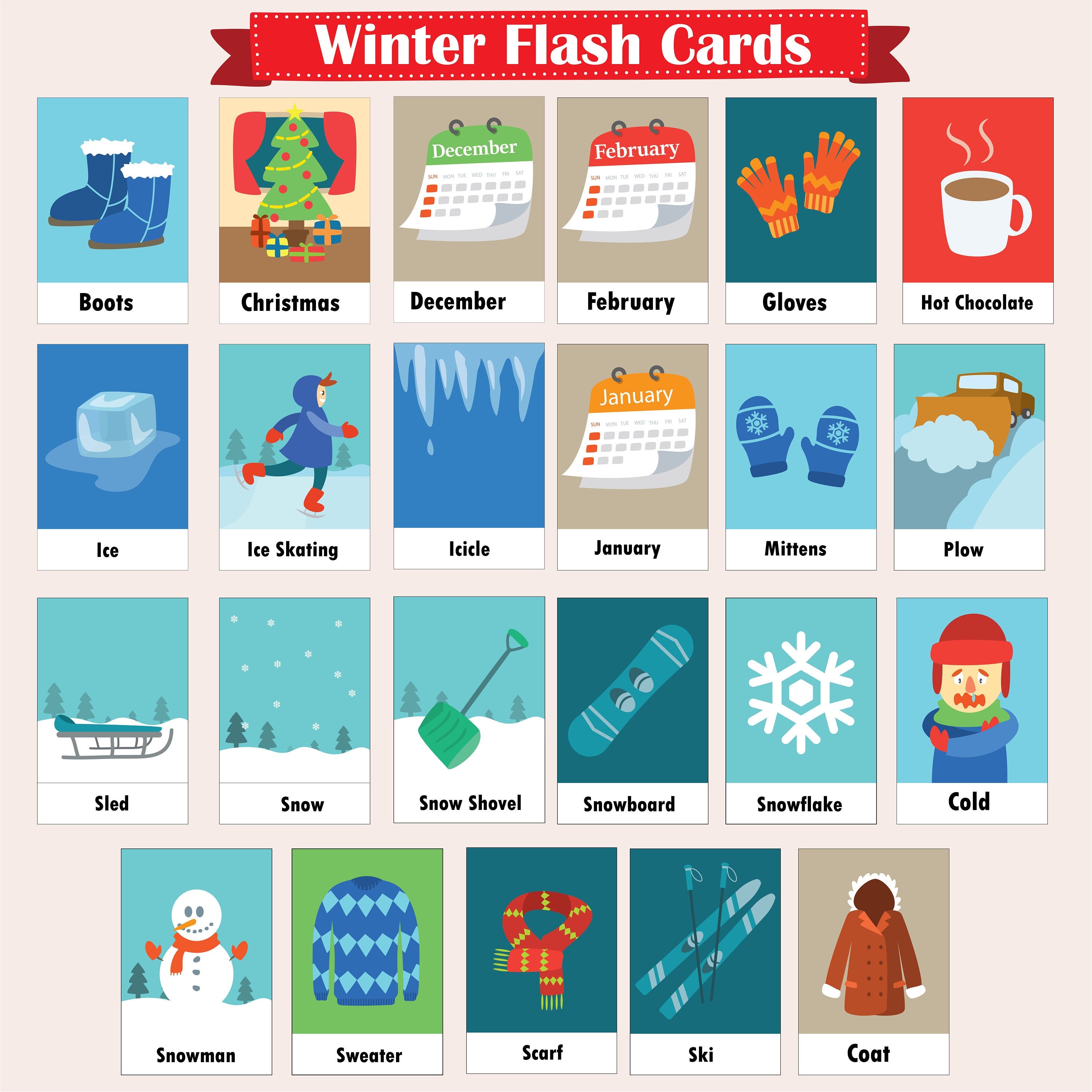 24 Printable Winter Flashcards Kids Montessori Cards Toys Preschool ...